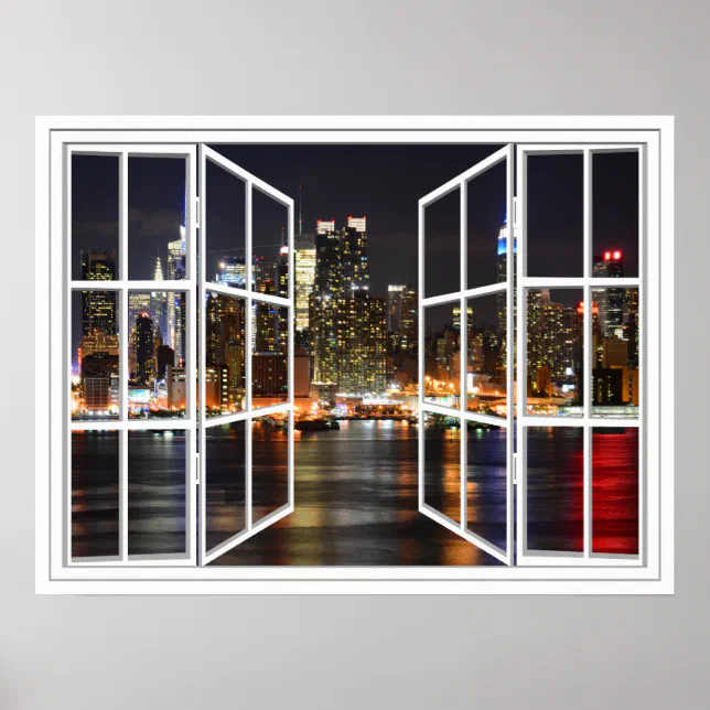 New York At Night White 24 Pane Open Window Poster | Zazzle