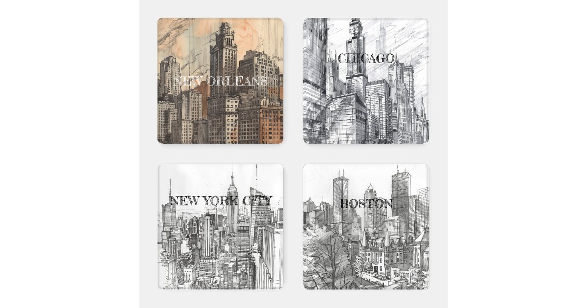 New York Chicago Boston New Orleans City Sketch Coaster Set | Zazzle