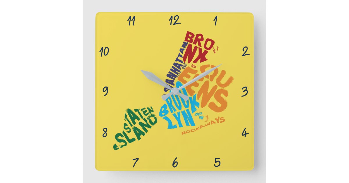 New York City 5 Boroughs Calligram Map Square Wall Clock | Zazzle