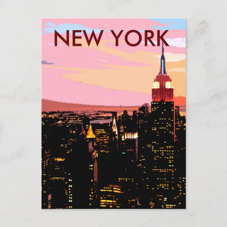 New York City Night View Paint Vintage Postcard | Zazzle