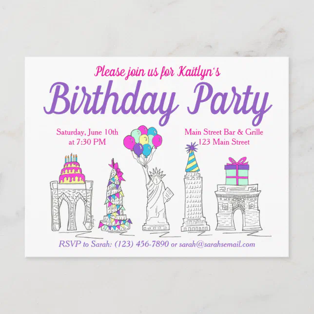 New York City NYC Landmarks Birthday Party Invitation Postcard | Zazzle