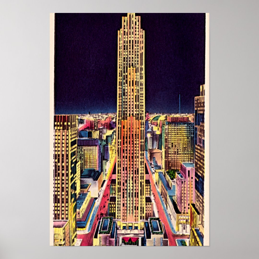 New York City Rockefeller Center at Night 1940 Poster | Zazzle