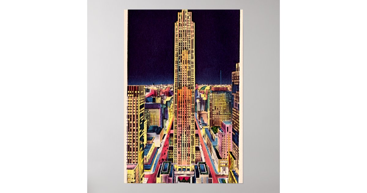 New York City Rockefeller Center at Night 1940 Poster | Zazzle
