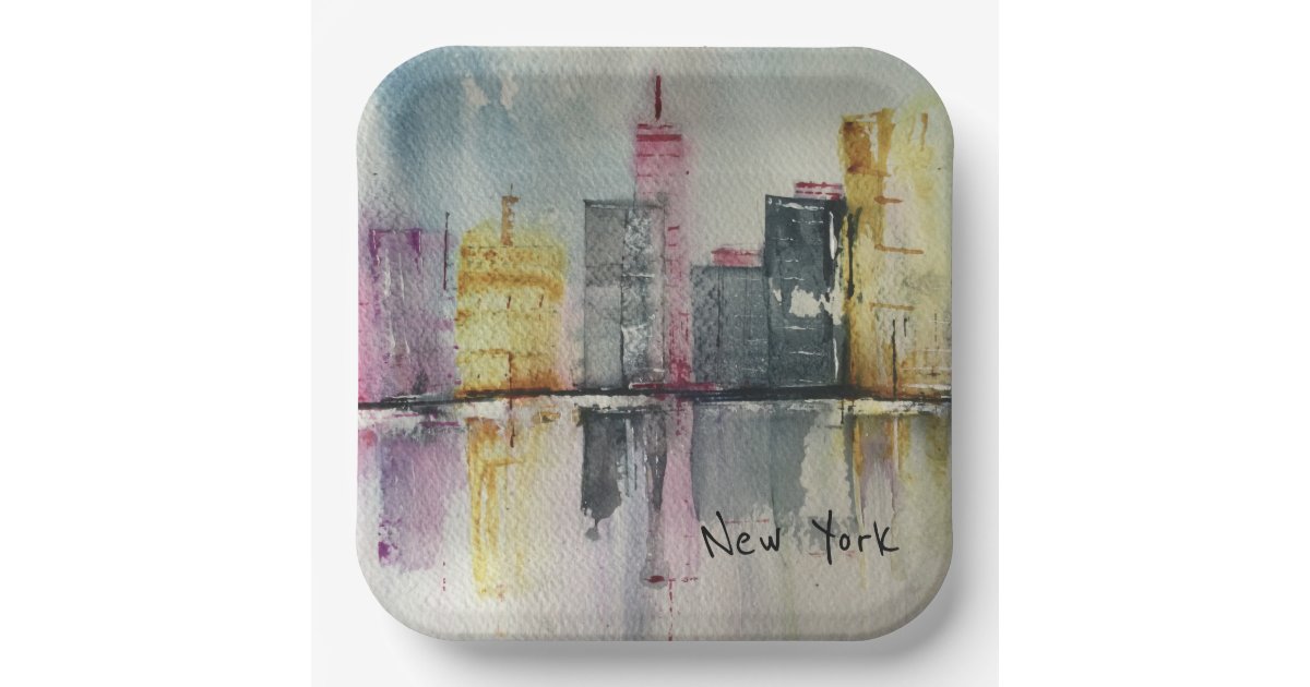 New York NYC Skyline Cityscape original artwork Paper Plates | Zazzle