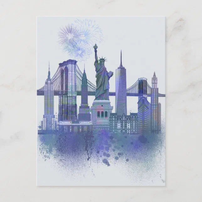 New York Skyline - Watercolor Blue Postcard | Zazzle