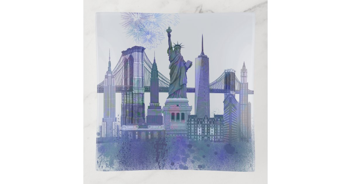New York Skyline - Watercolor Blue Trinket Tray | Zazzle