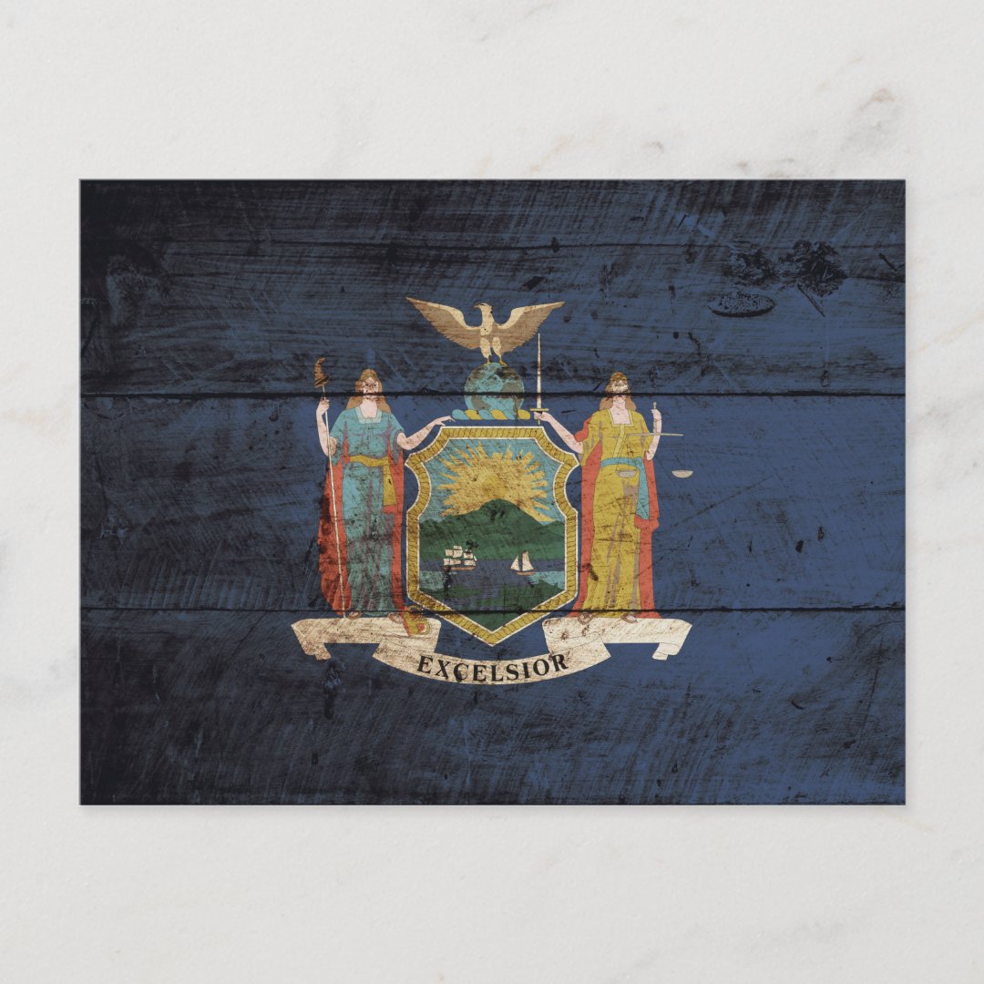 New York State Flag on Old Wood Grain Postcard | Zazzle