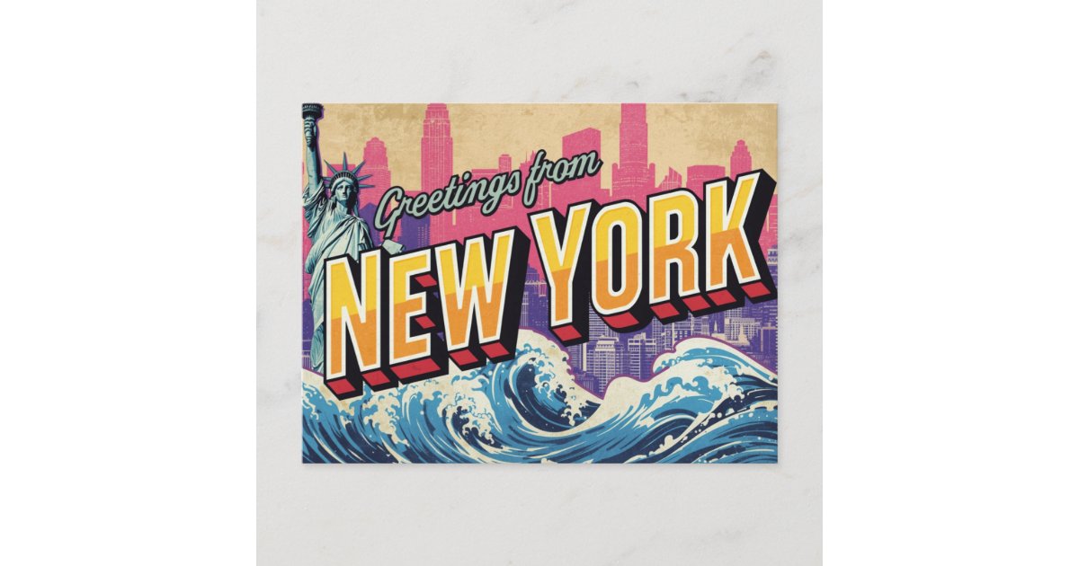 New York Statue Wave Skyline Postcard | Zazzle