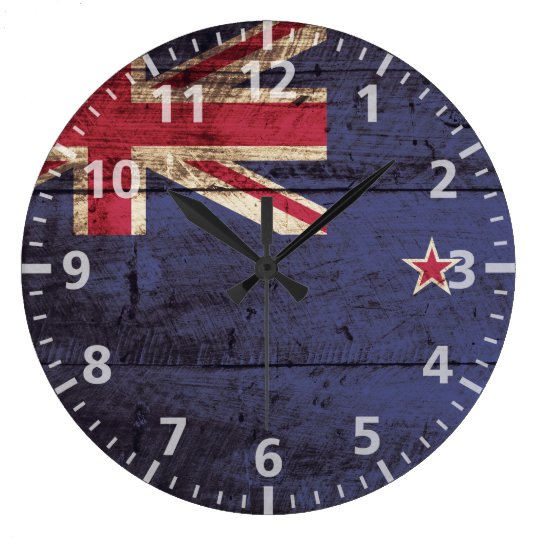 New Zealand Flag on Old Wood Grain Large Clock | Zazzle.com