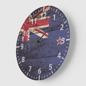 New Zealand Flag on Old Wood Grain Large Clock | Zazzle