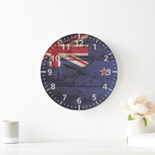 New Zealand Flag on Old Wood Grain Large Clock | Zazzle