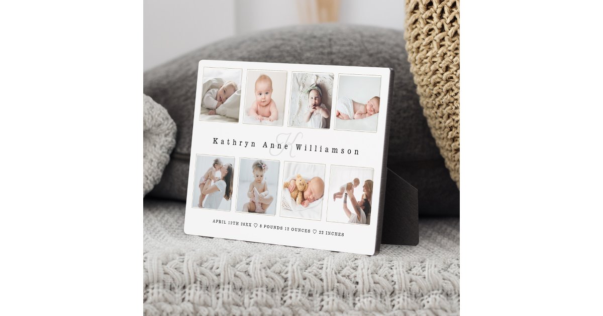 Newborn Baby Birth Stats Photo Collage & Monogram Plaque | Zazzle