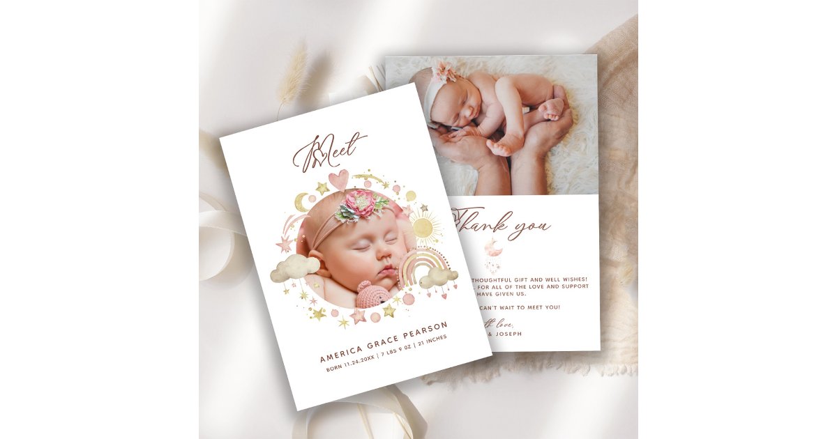 Newborn Birth Baby Girl Photo Thank You Announcement | Zazzle