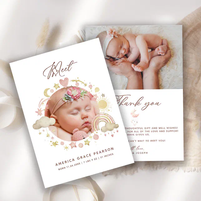 Newborn Birth Baby Girl Photo Thank You Announcement | Zazzle