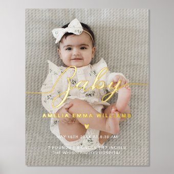 Newborn Custom Photo Baby Script & Birth Stats Foil Prints | Zazzle