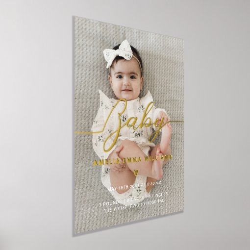 Newborn Custom Photo Baby Script & Birth Stats Foil Prints | Zazzle