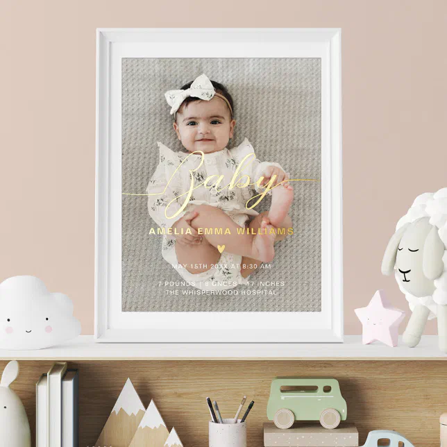 Newborn Custom Photo Baby Script & Birth Stats Foil Prints | Zazzle