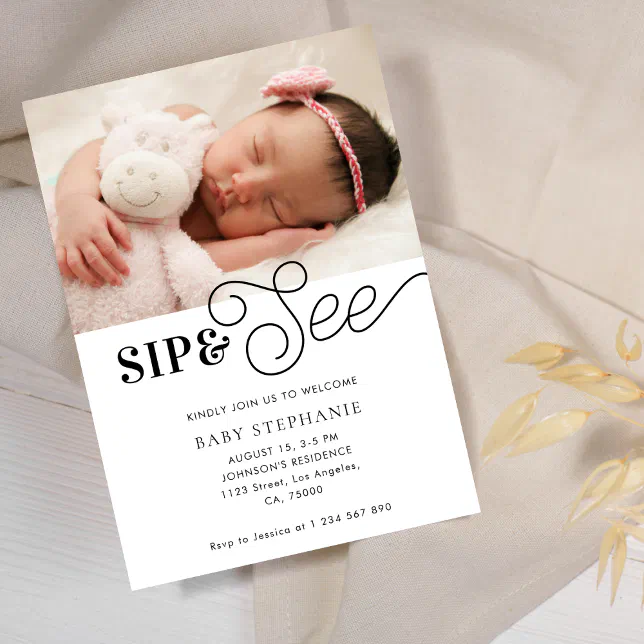 Newborn Photo Whimsical Sip & See Baby Shower Invitation | Zazzle