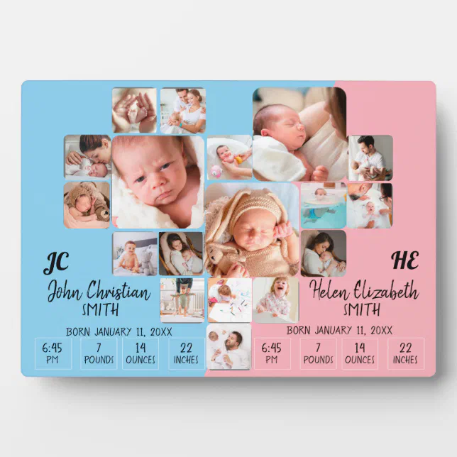 Newborn Twin Baby Stats Photo Collage Monogram Plaque | Zazzle