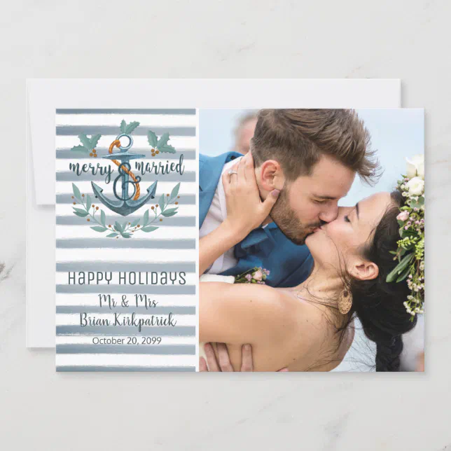 Newlyweds Nautical Wedding MERRY AND MARRIED Photo Holiday Card | Zazzle