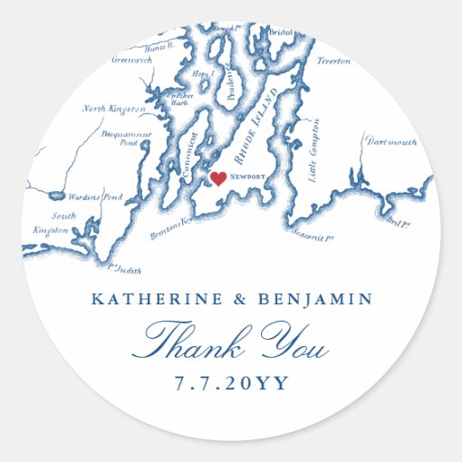 Newport Rhode Island Map Navy Wedding Favor Classic Round Sticker | Zazzle