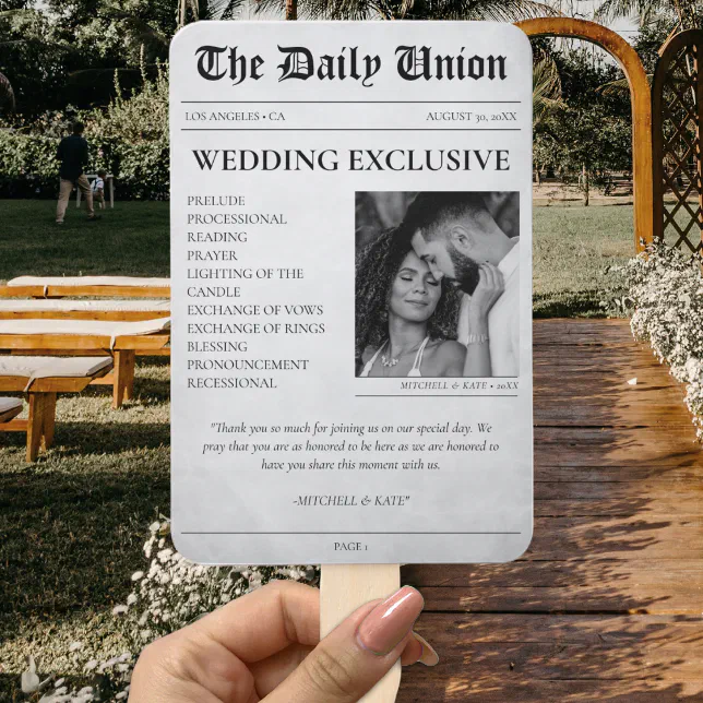 Newspaper Article Wedding Program Hand Fan | Zazzle