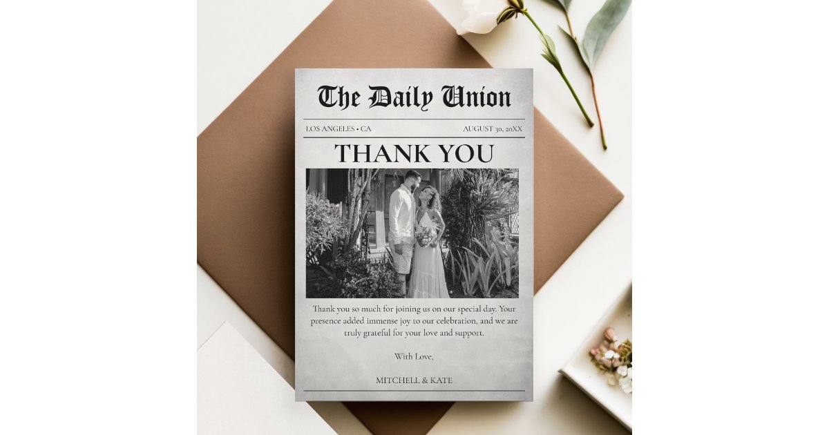 Newspaper Article Wedding Thank You Card | Zazzle