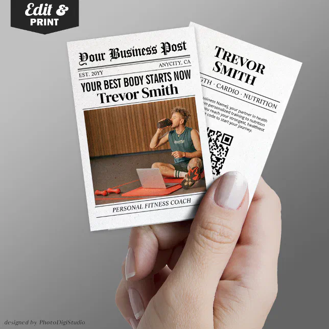 Newspaper Business Card, Personal Fitness Coach Calling Card | Zazzle