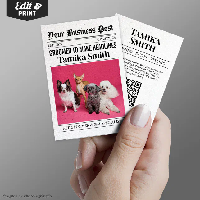 Newspaper Business Card, Pet Groomer & Pet Spa Calling Card | Zazzle