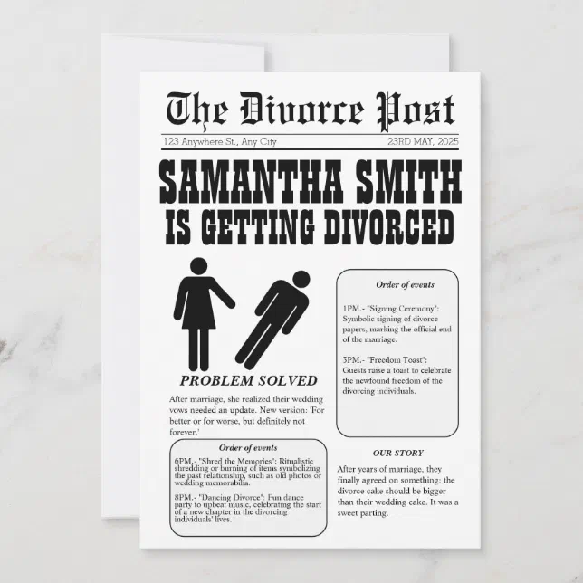 Newspaper divorce invite: Problem solved, QR code Invitation | Zazzle