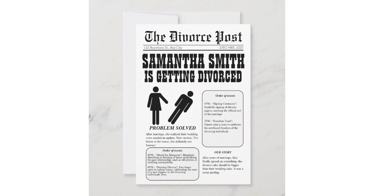Newspaper divorce invite: Problem solved, QR code Invitation | Zazzle