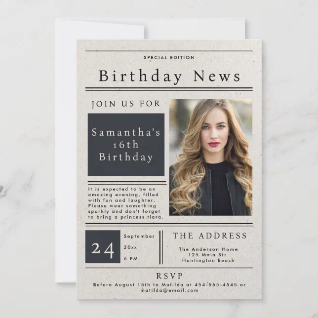 Newspaper Elegant Trendy Chic Sweet 16 Photo Invitation | Zazzle