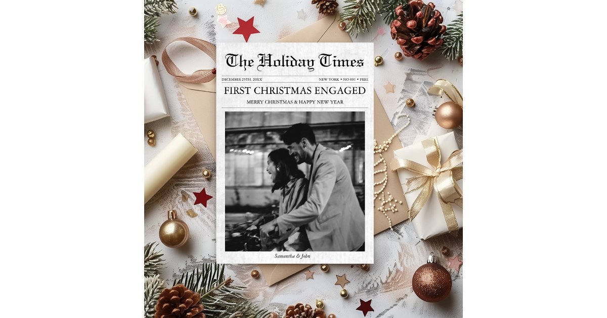Newspaper First Christmas Engaged Unique Holiday Card | Zazzle