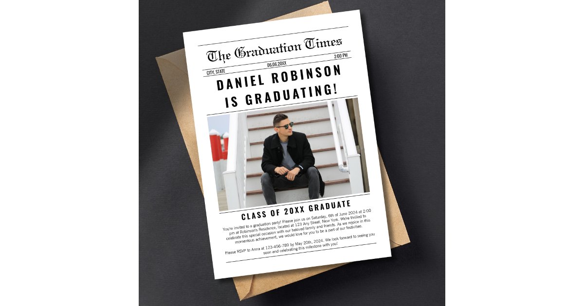 Newspaper Graduate Photo Stylish Graduation 2026 Invitation | Zazzle