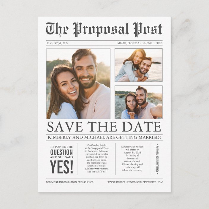 Newspaper News Unique Three Photos Save the Date Announcement Postcard ...