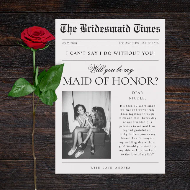 Newspaper Photo Unique Maid of Honor Proposal Invitation | Zazzle