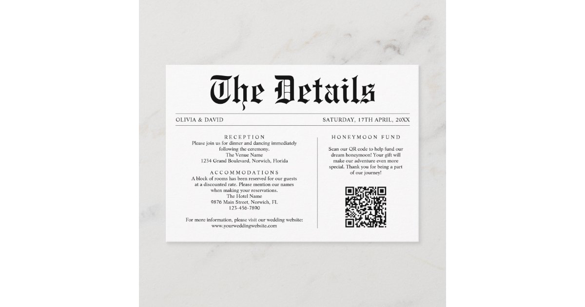 Newspaper QR Code Unique Wedding Details Enclosure Card | Zazzle