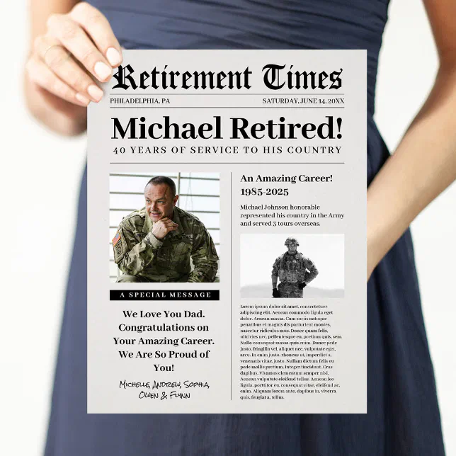 Newspaper Retirement Sign Gift for Military Vet Letterhead | Zazzle