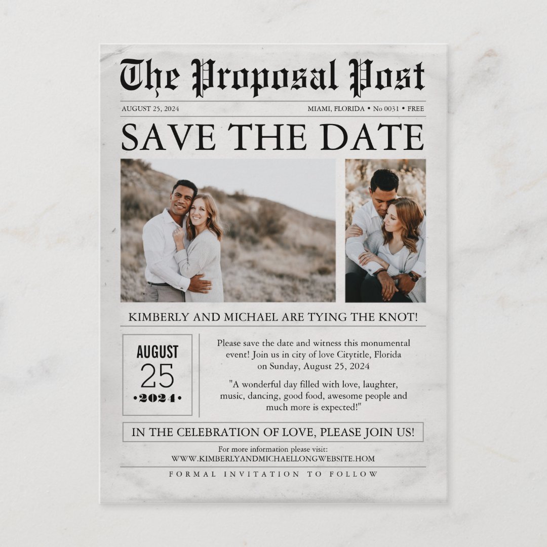 Newspaper Save the Date Two Photos Postcard | Zazzle