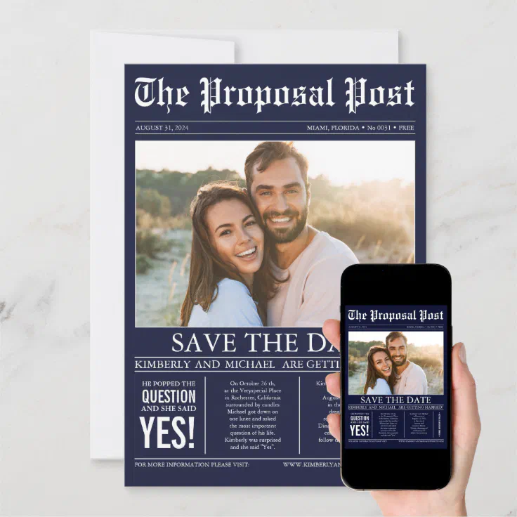 Newspaper Style Navy Blue Save the Date Photo | Zazzle