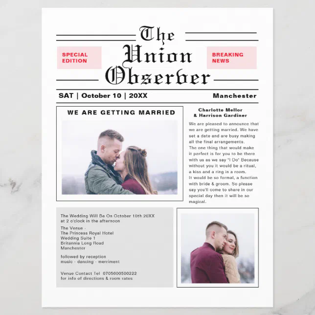 Newspaper Style Wedding Announcement Flyer | Zazzle