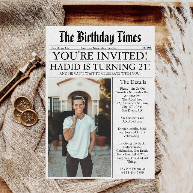 Newspaper Unique Fun Photo 21st Birthday Party Invitation | Zazzle