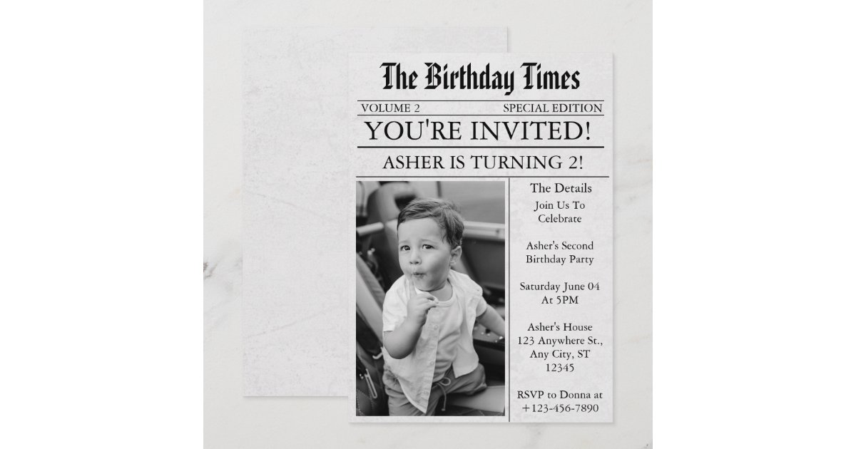 Newspaper Unique Fun Photo 2nd Birthday Party Invitation | Zazzle