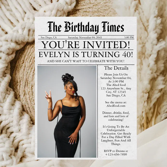 Newspaper Unique Fun Photo 40th Birthday Party Invitation | Zazzle