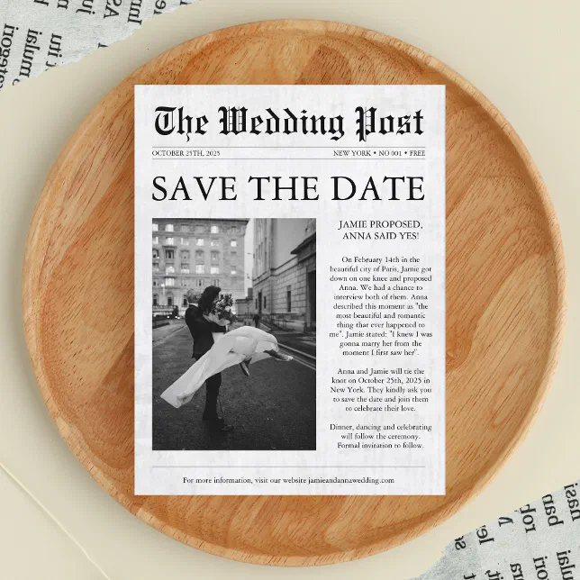 Newspaper Unique Fun Photo Save the Date Announcement Postcard | Zazzle