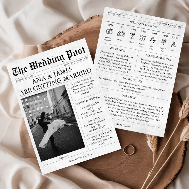Newspaper Wedding Invitation Details Timeline Cute | Zazzle
