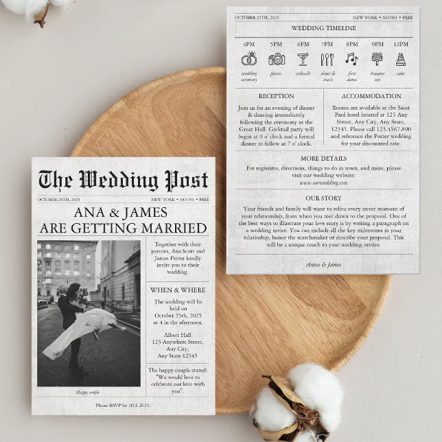 Newspaper Wedding Invitation Details Timeline Cute | Zazzle