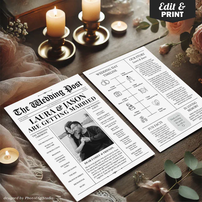 Newspaper Wedding Program Black and White Programs Flyer | Zazzle