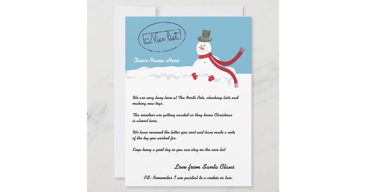 Nice List Snowman Letter From Santa Personalized Holiday Card | Zazzle