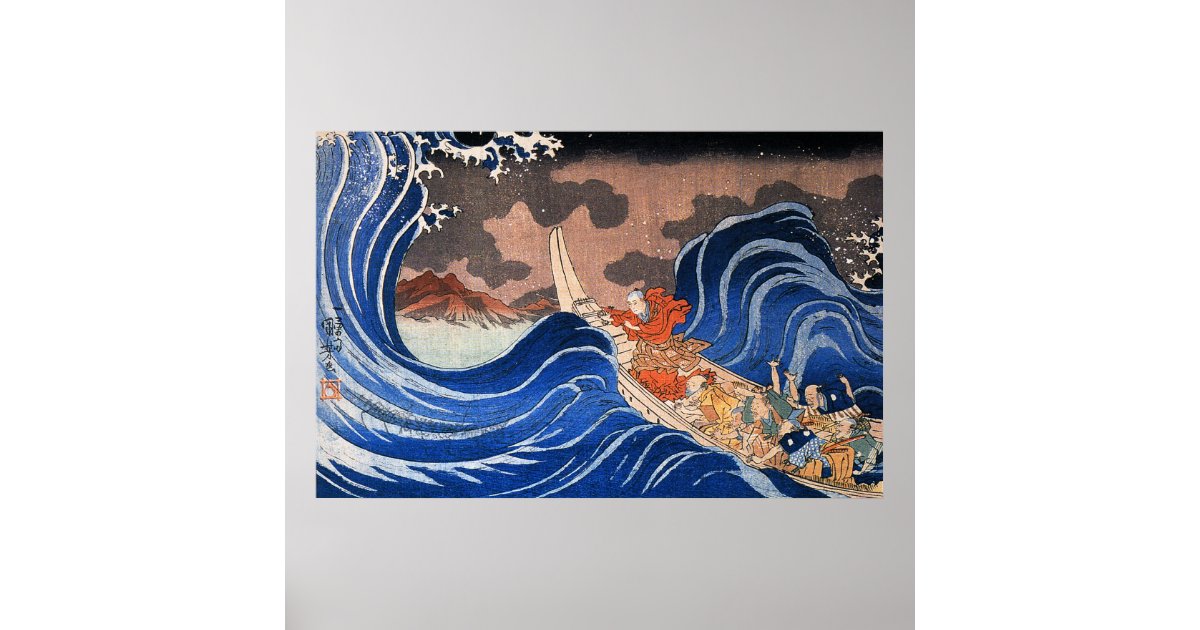 Nichiren calms a storm in Kakuda, Kuniyoshi Poster | Zazzle